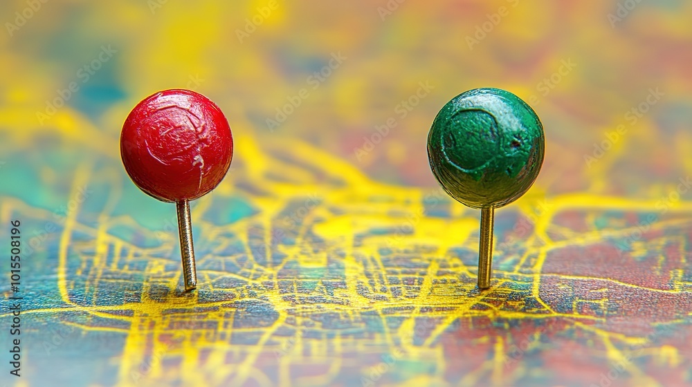Two markers, one red and one green, placed on a vibrant yellow map ...