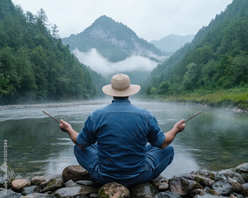 Man Using Dowsing Rods to Tune into Spiritual Vibrations at Misty River ...