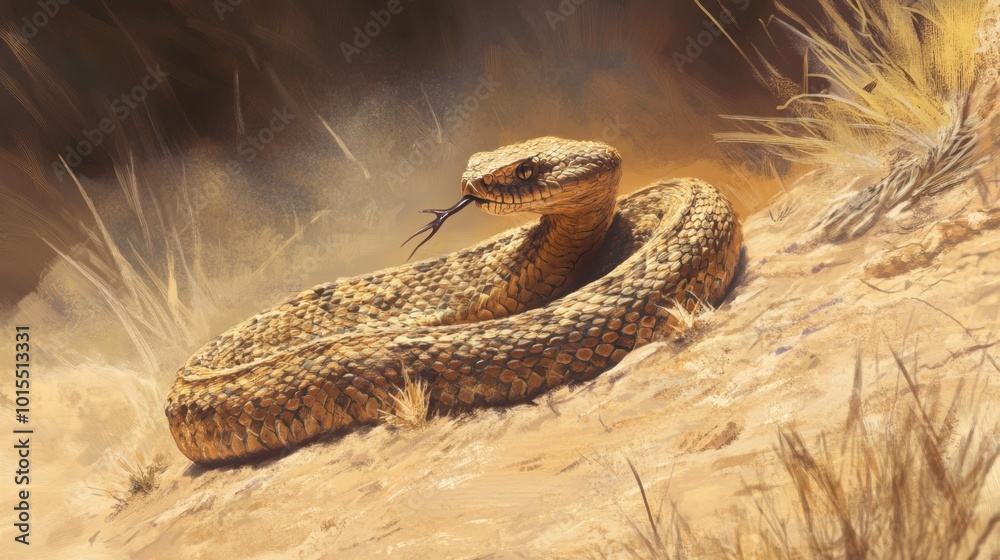 A side view of a rattlesnake coiled and ready to strike, its rattle ...