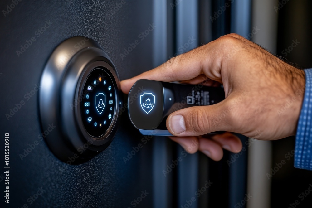 Close-up of a security badge being scanned at a secure entrance ...