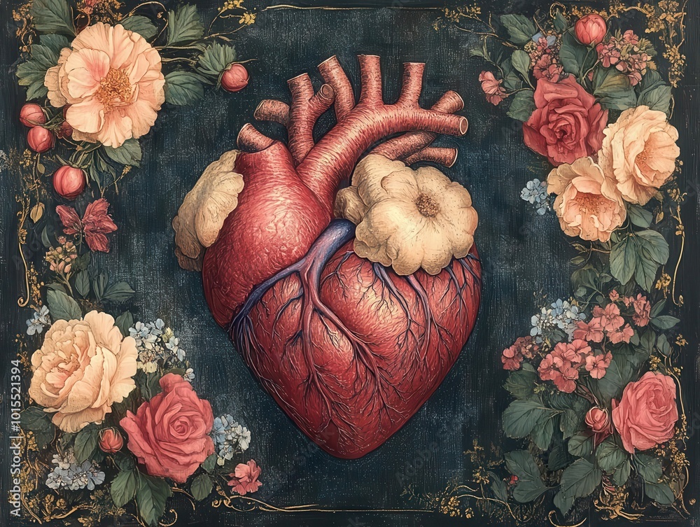 vintage-style illustration of an anatomical heart surrounded by a ...