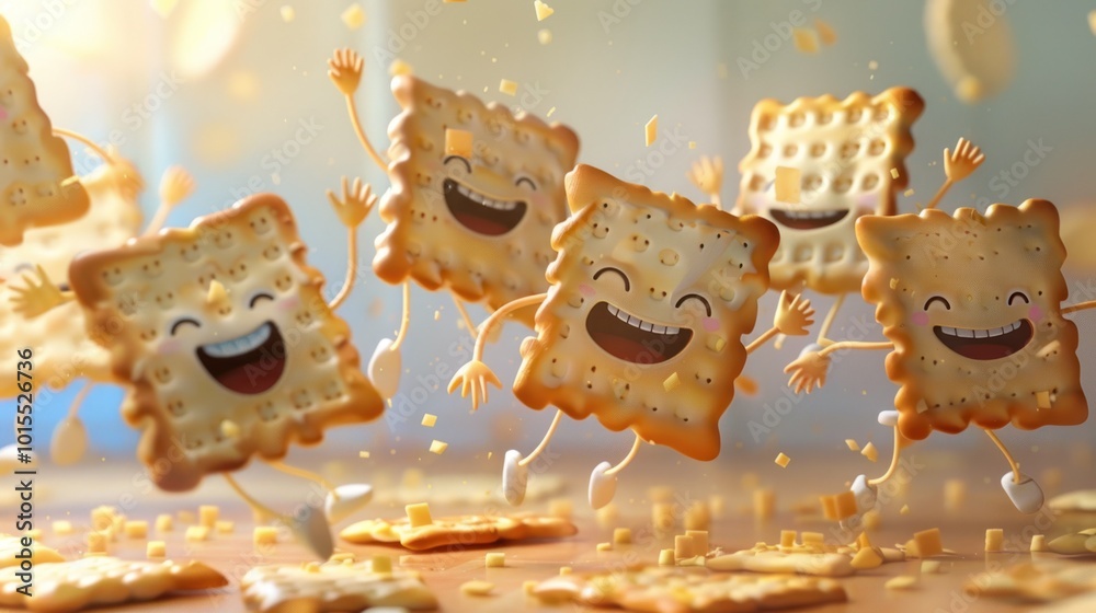 Joyful animated matzo characters dancing in celebration, colorful ...
