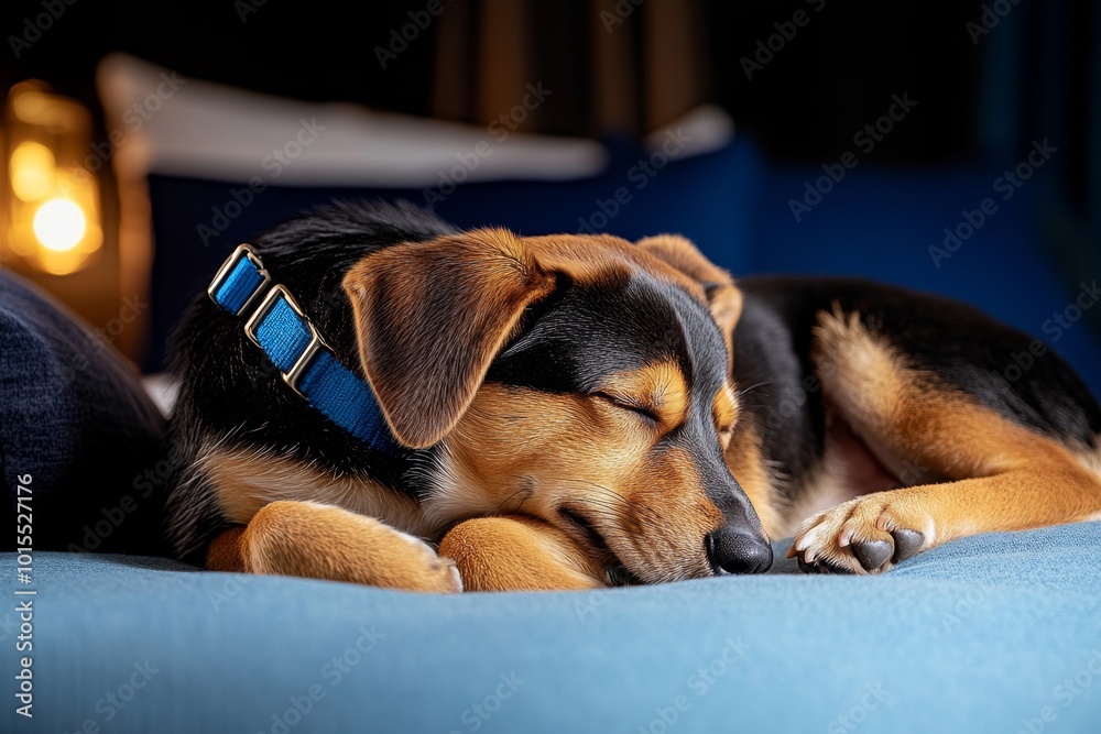 Realistic depiction of a dog curled up at the foot of the bed ...