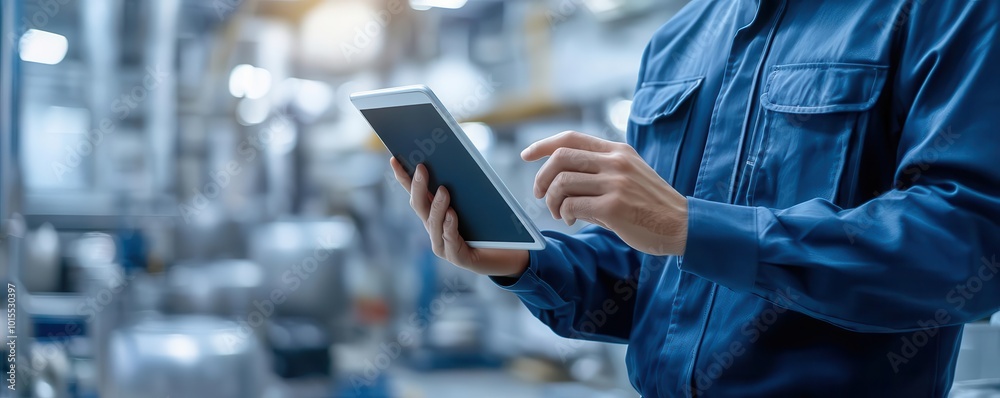 Technician using a tablet to review product specifications during ...