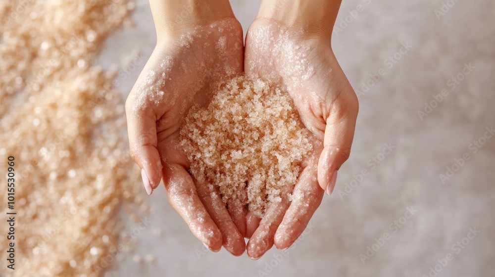 Sensual hands applying body scrub with natural textures for skincare ...