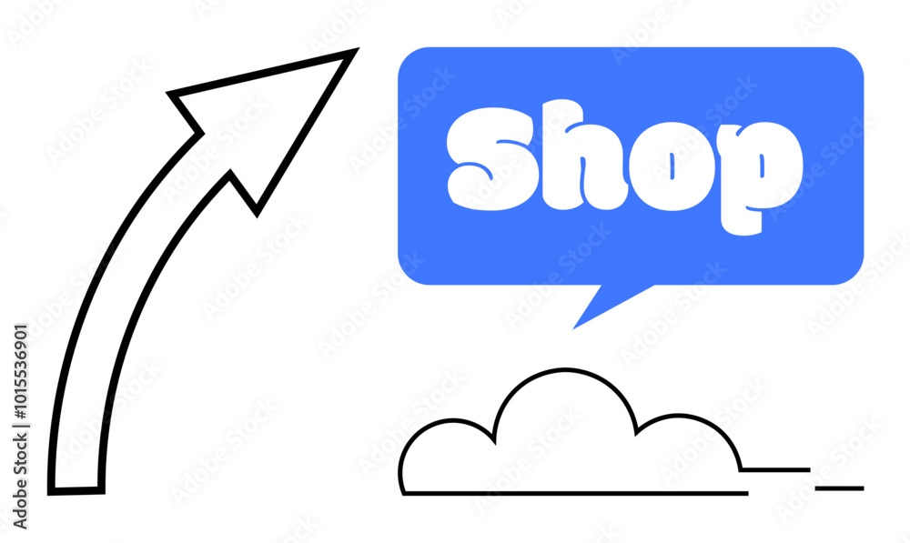 Shop concept. Arrow pointing upwards towards a speech bubble with the ...