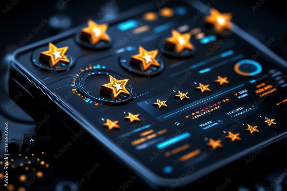 3D model of a customer rating dashboard with stars, feedback comments ...