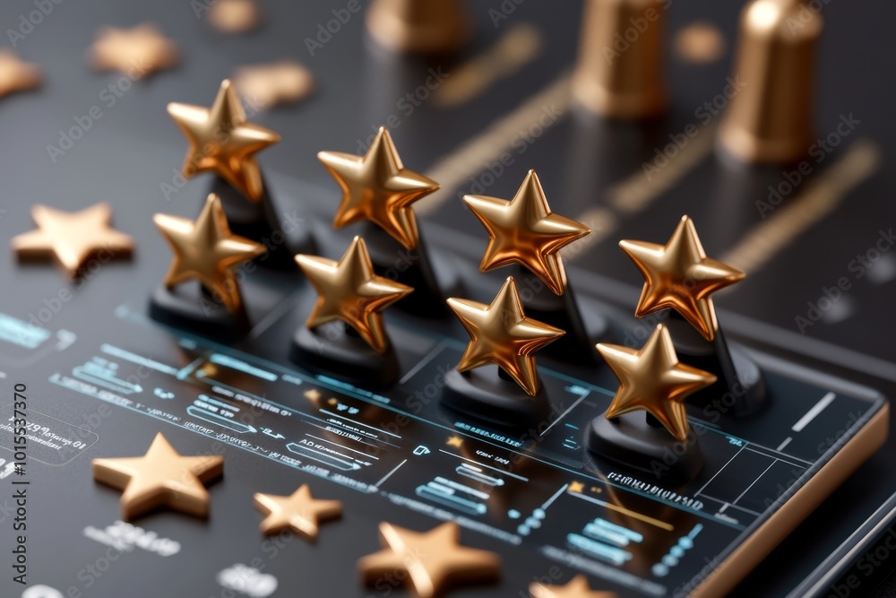 3D model of a customer rating dashboard with stars, feedback comments ...