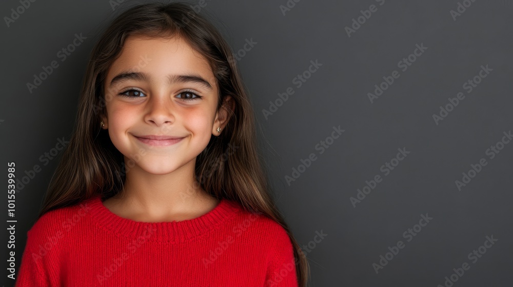 A young girl with long, neatly combed hair smiles brightly, wearing a ...