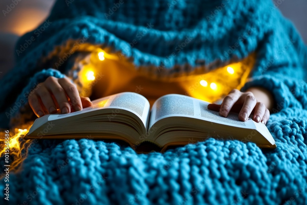 Person reading a book in bed before falling asleep, with a cozy blanket ...
