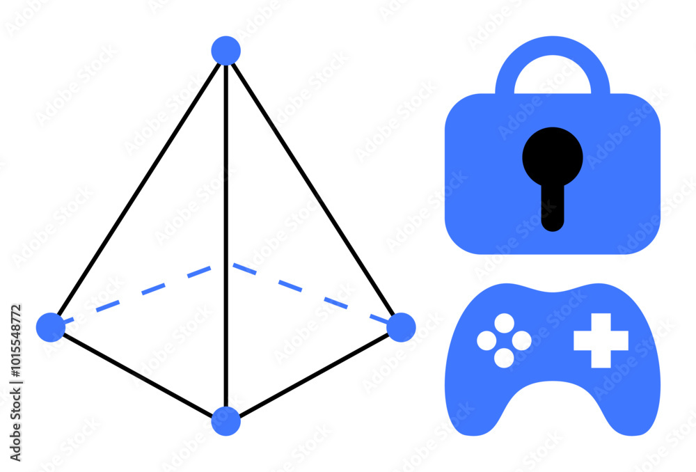 A geometric shape with points and lines on the left and blue icons of a ...