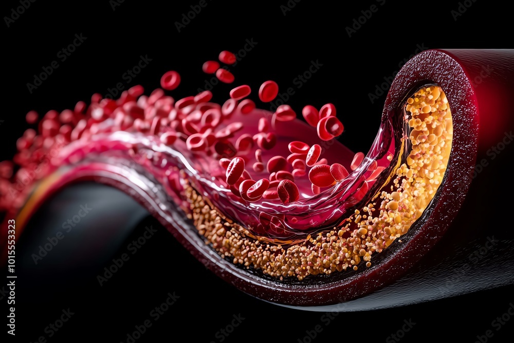 Detailed hyper-realistic cross-section of a human artery, showing blood ...