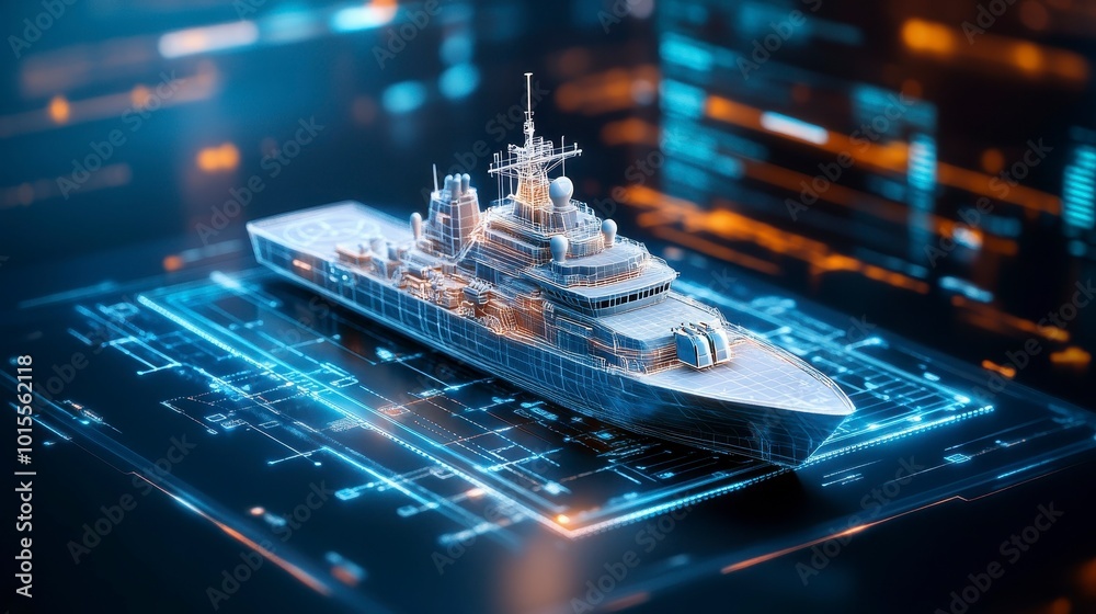 A futuristic digital rendering of a naval ship overlaid on technical ...