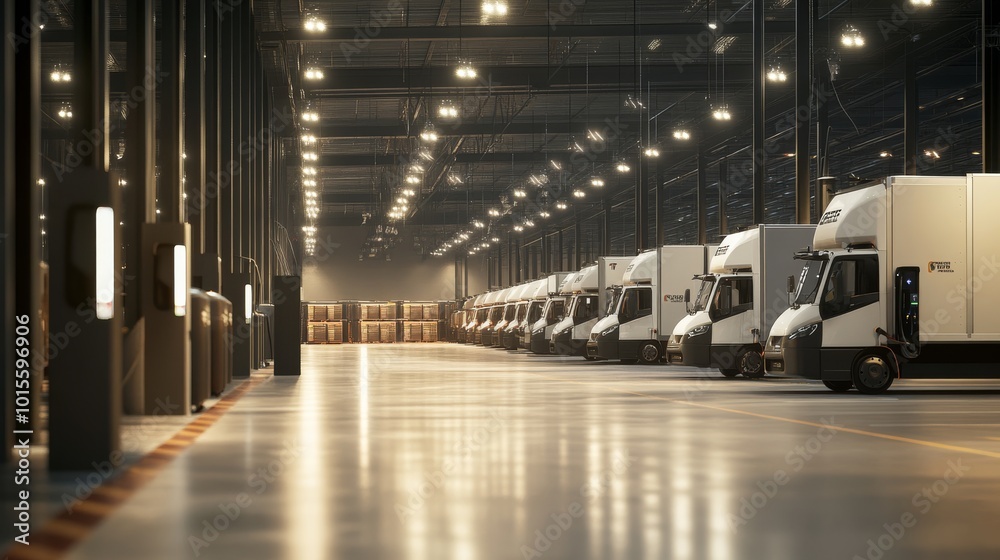An advanced warehouse features rows of electric delivery trucks and ...