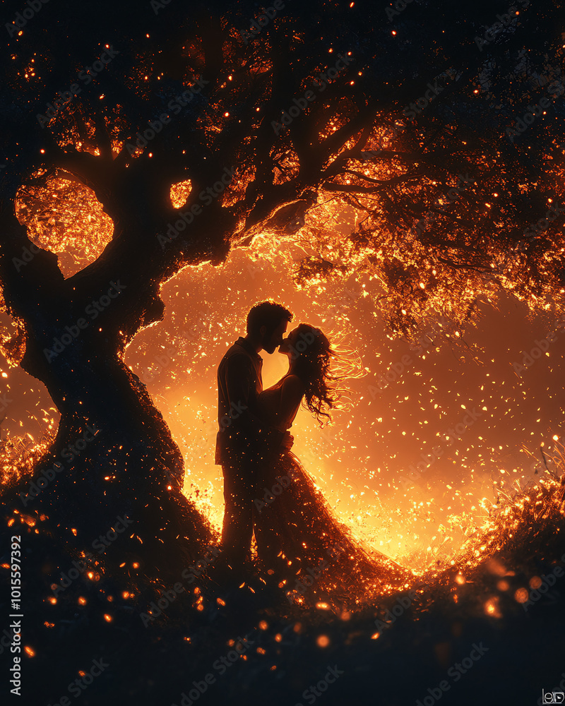 silhouette couple kissing under tree with fireflies and golden glow ...