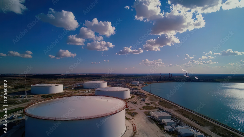 Aerial view of large industrial storage tanks near body of water ...