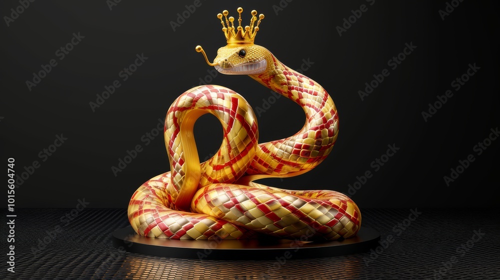 A coiled golden snake wearing a crown sits majestically on a dark ...