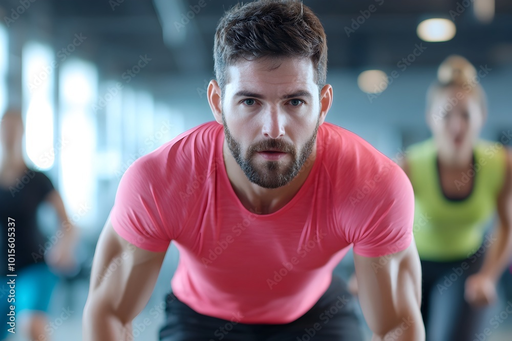 A close up photo of a focused and energetic fitness instructor leading ...