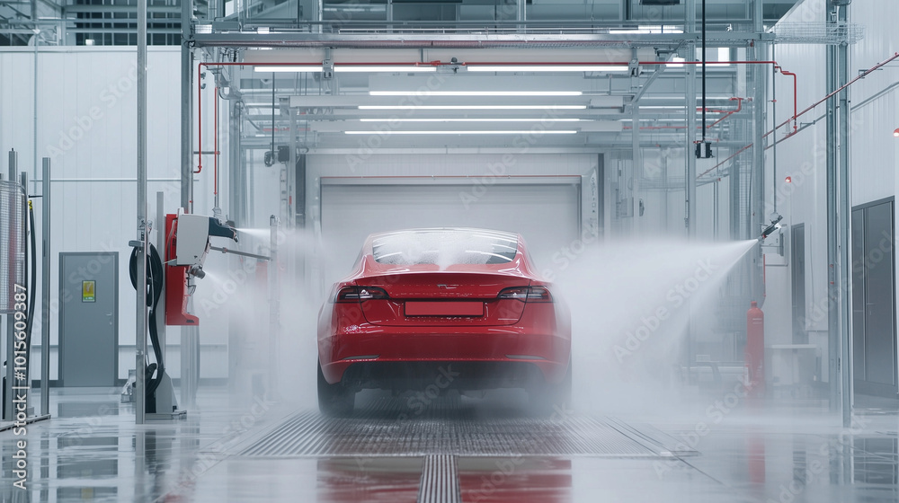 Red Car Wash: A red car undergoes a meticulous car wash in a modern ...