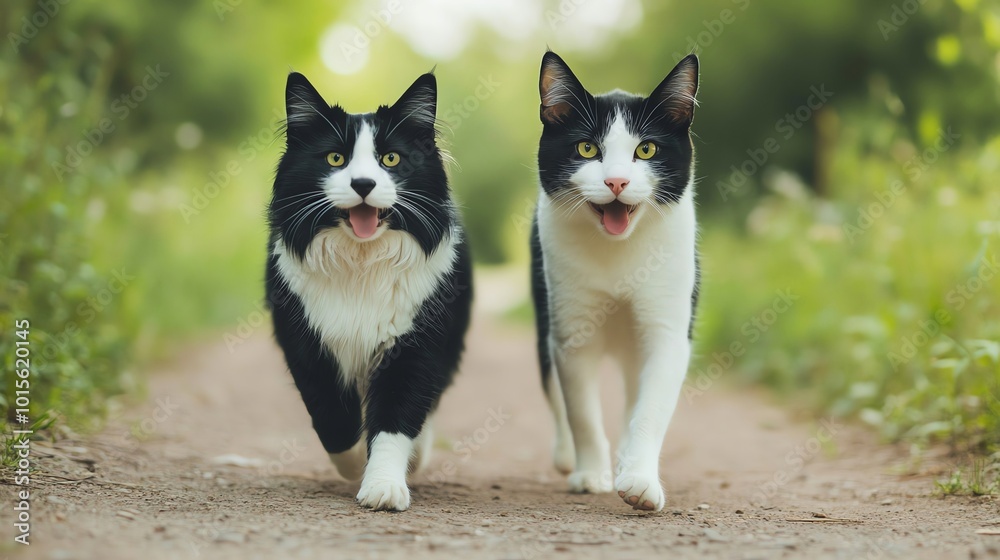 Dog and cat walking together on a hiking trail, adventurous and curious ...