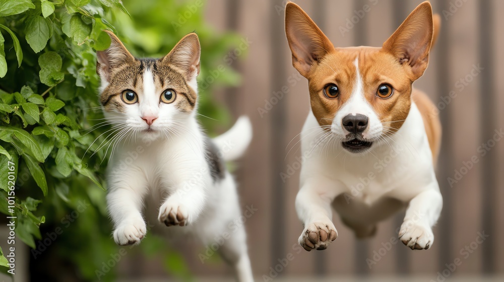 Playful dog and cat chasing each other around a tree, dynamic movement ...