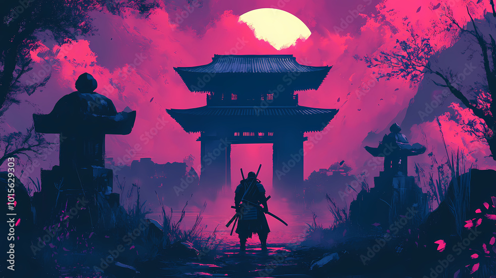 A epic samurai with a weapon sword standing in front of a old japanese ...