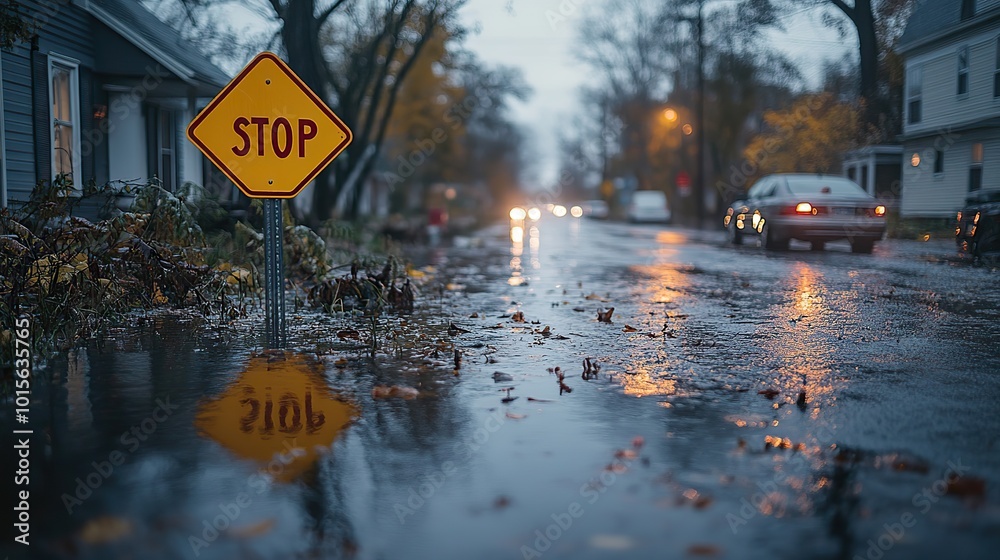 Flooded roads are marked by bright yellow and red stop signs, warning ...