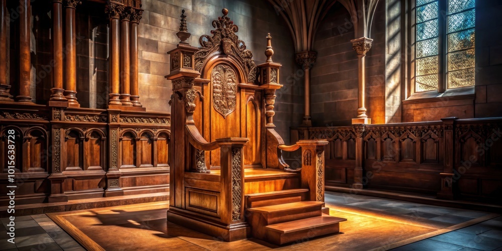 Carved wooden throne in dimly lit church interior , throne, carving ...