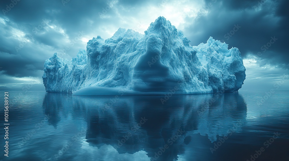 Large chunks of ice float on a body of water, with clouds hanging ...