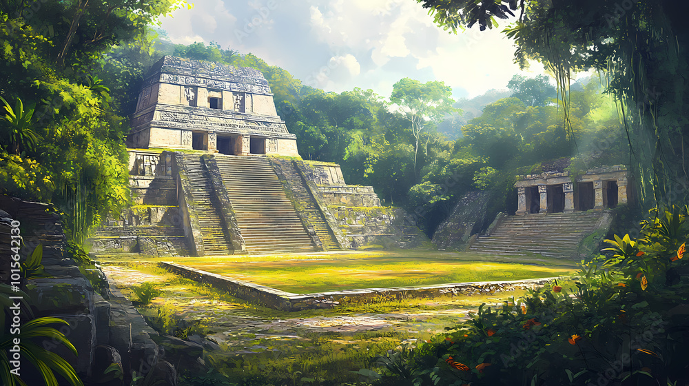 Ancient mesoamerican ball court surrounded by lush jungle foliage and ...