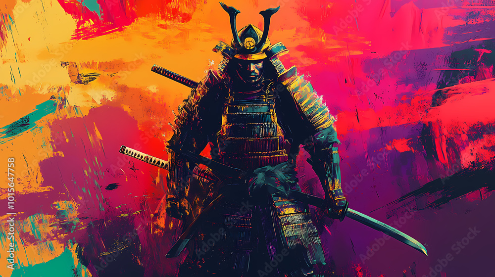 Digital painting of a stoic samurai warrior ready for battle in an ...