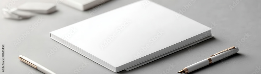 Closeup of notebook mockup with blank pages, pen and stationery laid ...