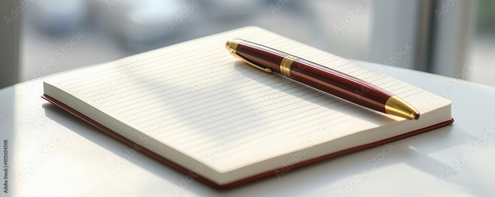 Minimalist notebook with a single pen lying across blank pages, bright ...