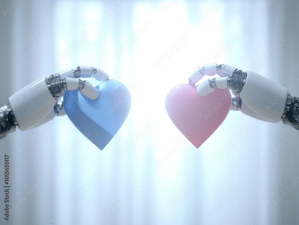 Robotic Arms Exchanging Blue Ribbon and Pink Heart Against Grey ...