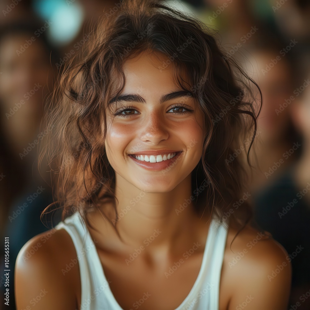 Person smiling confidently in front of a group, close-up, soft lighting ...