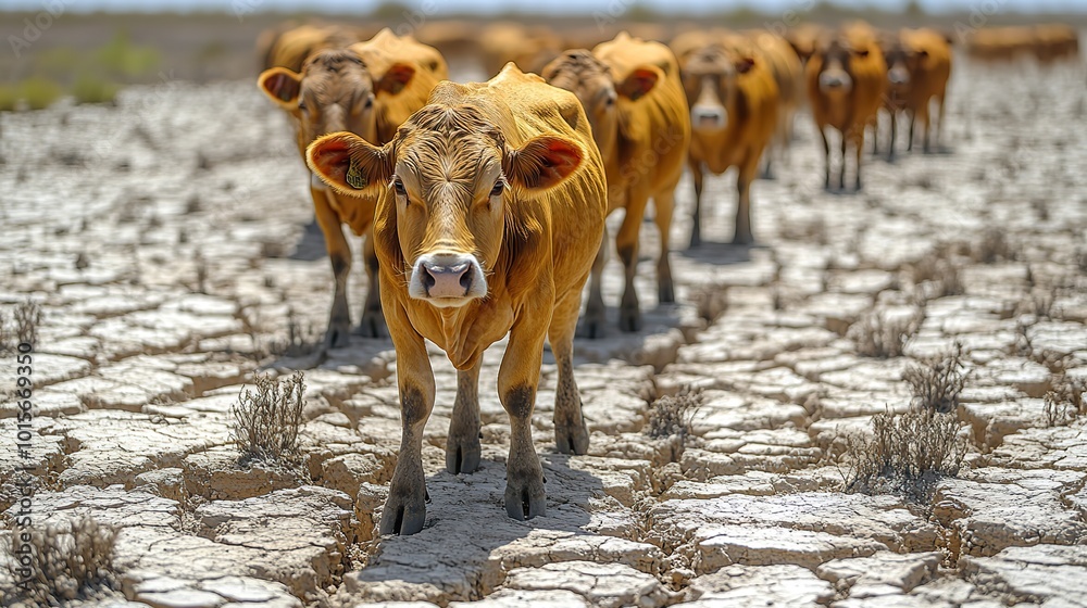 Poster Cattle walk across cracked, arid land, reflecting the drought ...