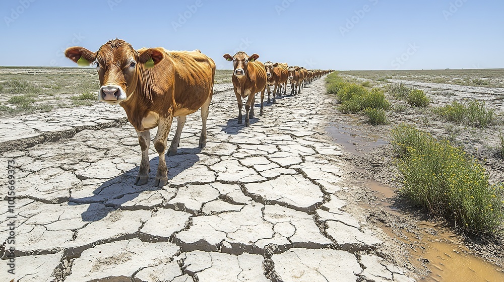 Cattle walk across cracked, arid land, reflecting the drought and water ...
