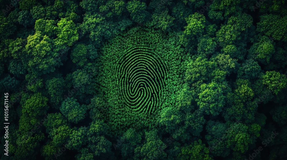 A top-down aerial view of a green forest, with a human fingerprint ...