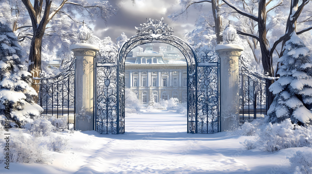 Snow hugging the ornate curves of a garden wrought iron gate. Russian ...