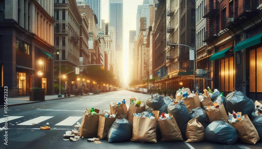 Bags of trash on city streets for recycling concept Organic waste in ...