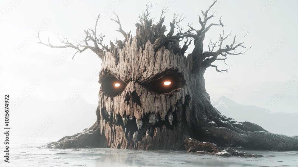 A gnarled, ancient tree with glowing eyes stares out from a snowy ...