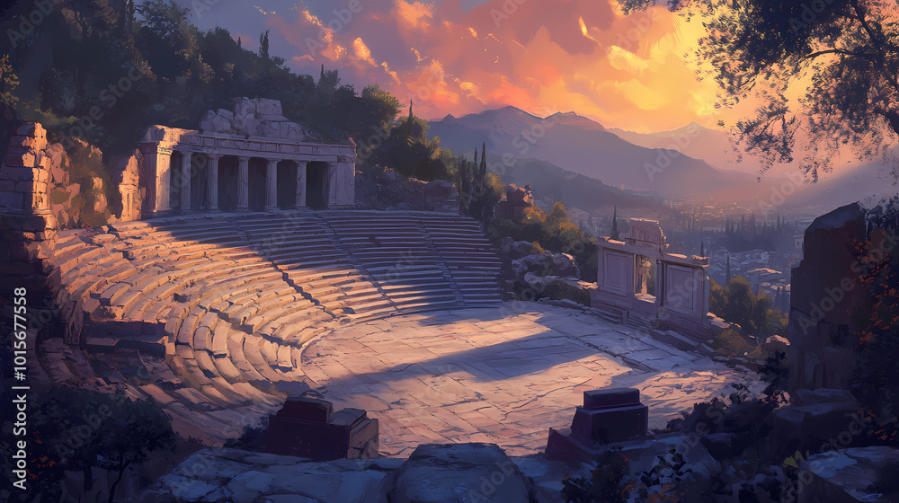 Wallpaper of a grand amphitheater with weathered stone and soft evening ...