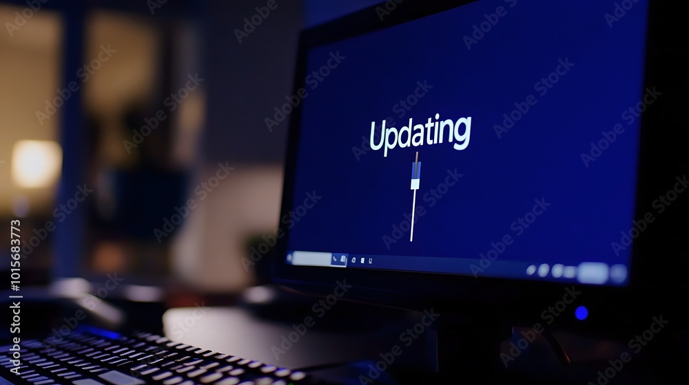 Close-up of computer screen showing software update progress bar with ...