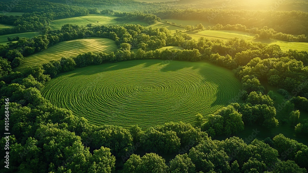 Aerial view of a center pivot irrigation system showing circular fields ...