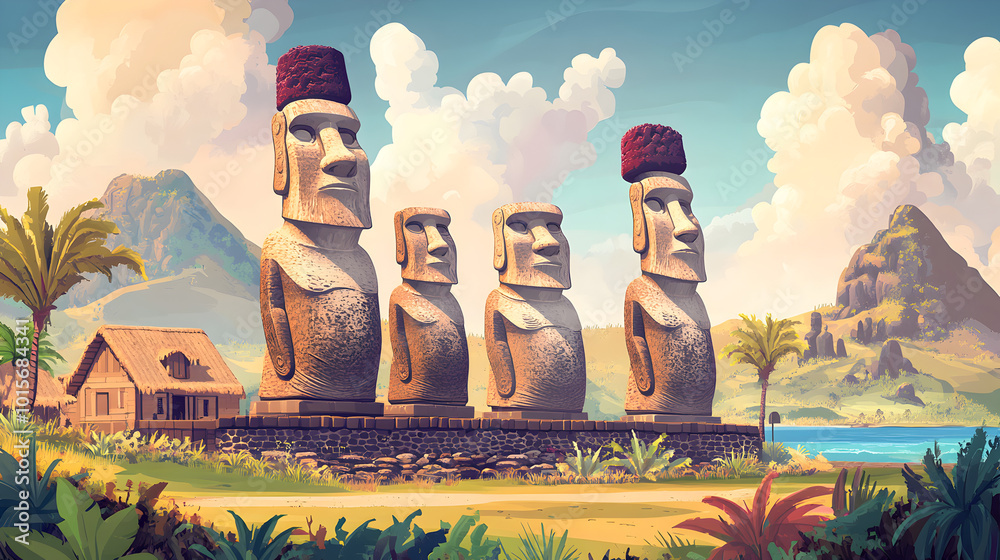Easter island with moai statues landscape. National park Rapa Nui ...
