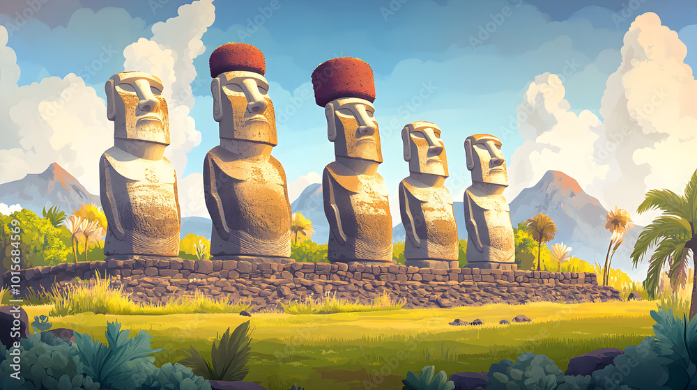 Easter island with moai statues landscape. National park Rapa Nui ...