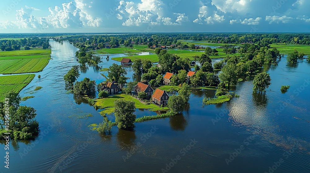 Aerial view of flooded farmland with sky reflections during a high ...