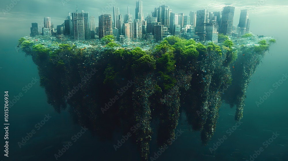 A surreal image of a submerged city, choked with plastic waste ...