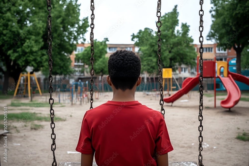 Realistic scene of someone visiting an old school playground, with ...