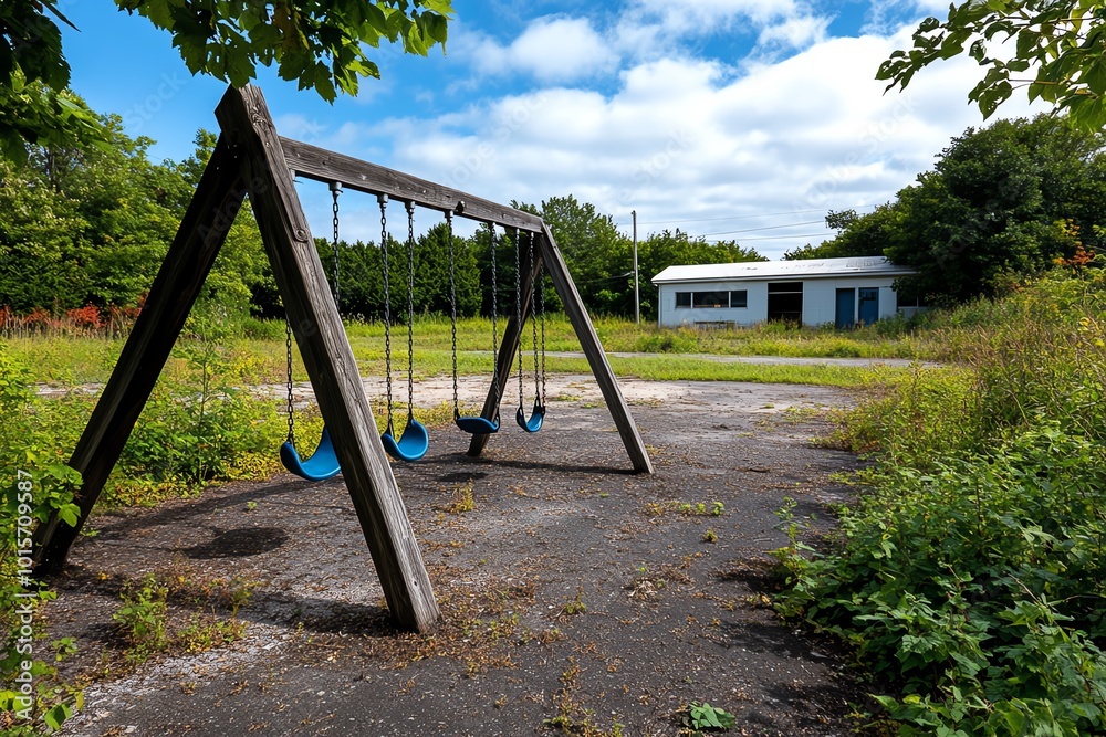Realistic scene of someone visiting an old school playground, with ...